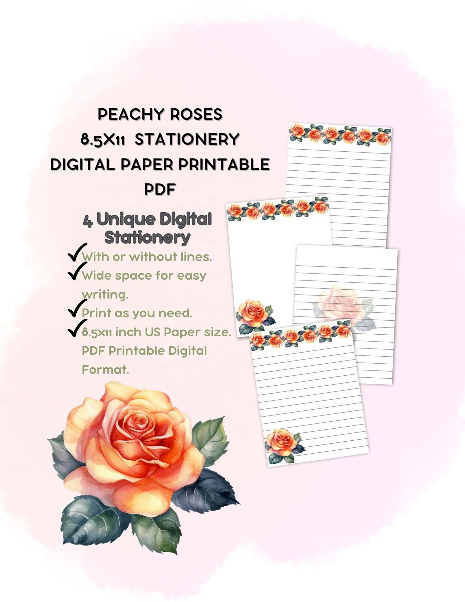 Stationery Peachy Roses Themed Digital Paper Printable PDF, 8.5x11inch ...