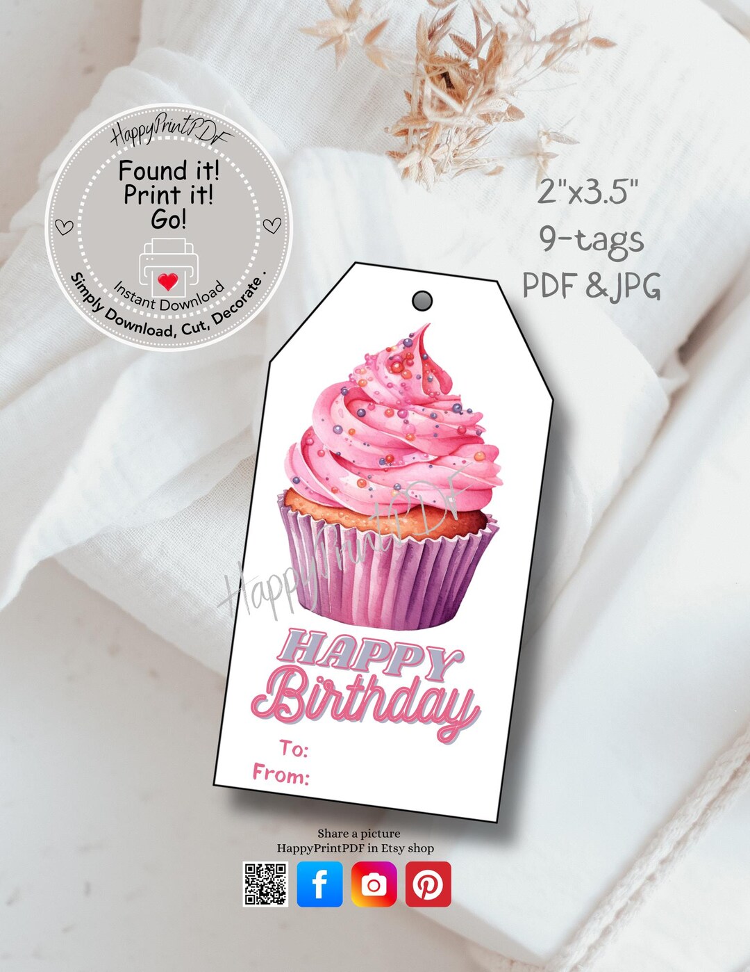 Pink Cupcake Birthday Gift Tags: Printable Party Favors (PDF & JPG) - Etsy