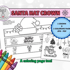 Printable Santa Hat Crown – Kids Coloring Page, Winter Holiday Craft ...