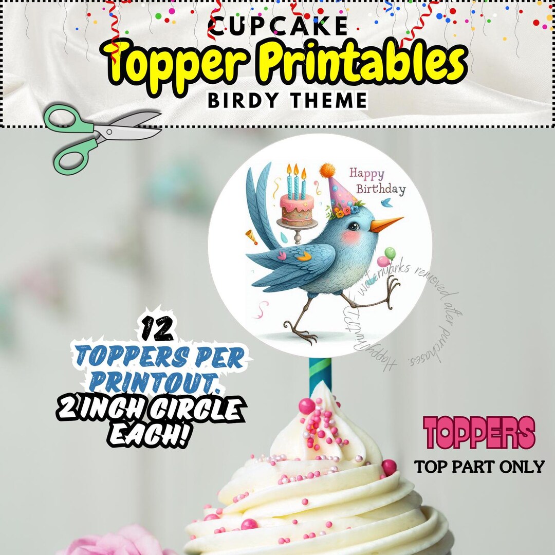 Birdy Theme Cupcake Toppers: Happy Birthday Party (PDF Printable) - Etsy