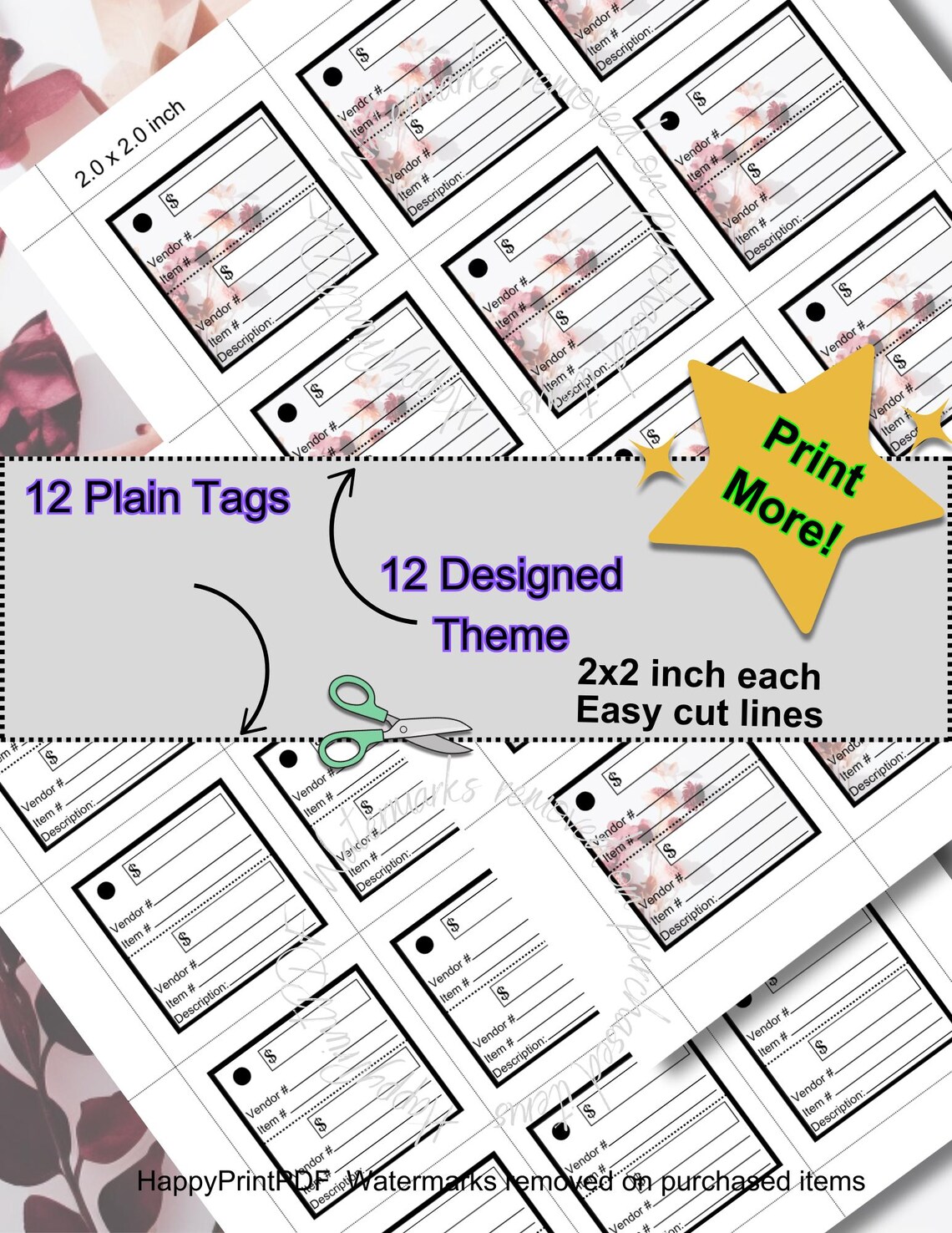 Vendor Tags Red Flowers Theme, Printable Tags in PDF, Tags 2x2 Inch ...