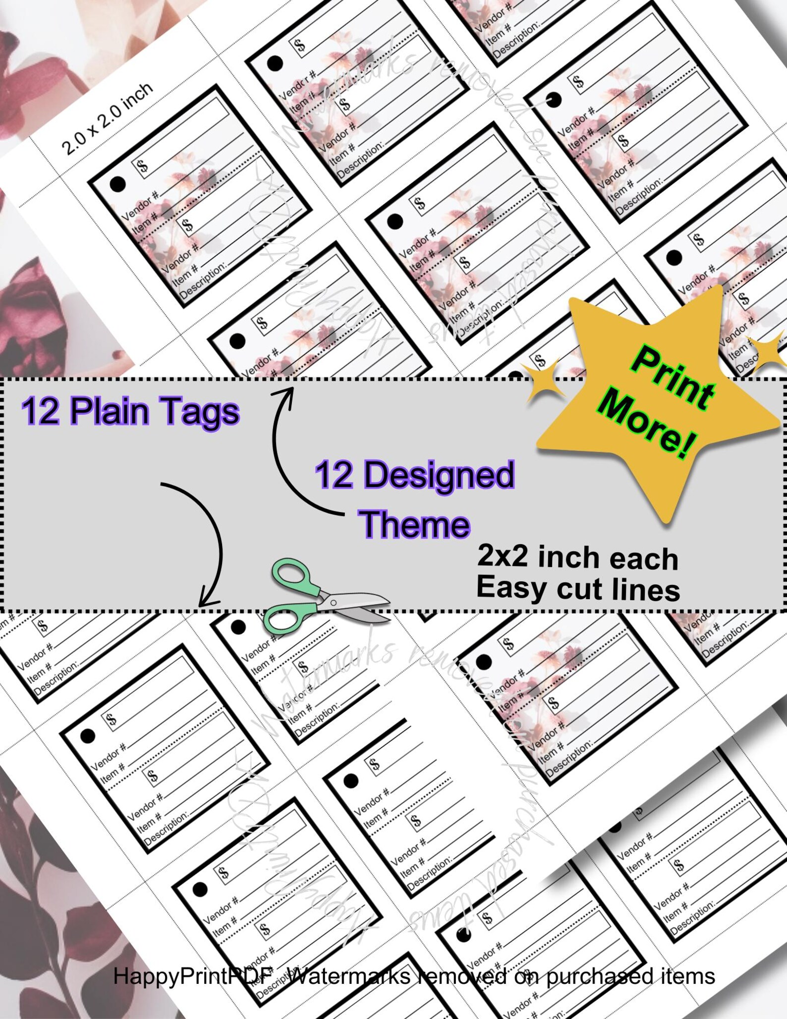 Vendor Tags Red Flowers Theme, Printable Tags in PDF, Tags 2x2 Inch ...