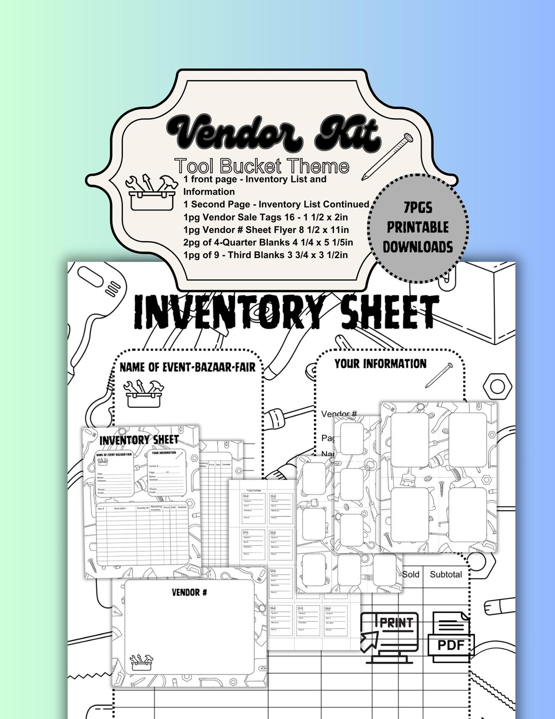 Vendor Kit With Price Tags and Inventory List Tool Bucket Theme ...