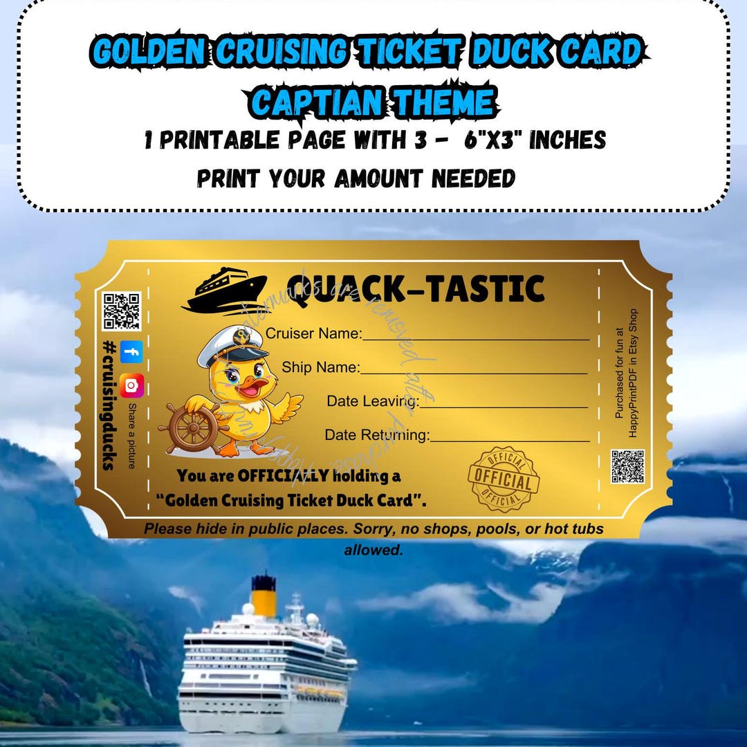 Cruising Ticket Gold Duck Card, Captain Theme, Cruiser Cards, Ship ...