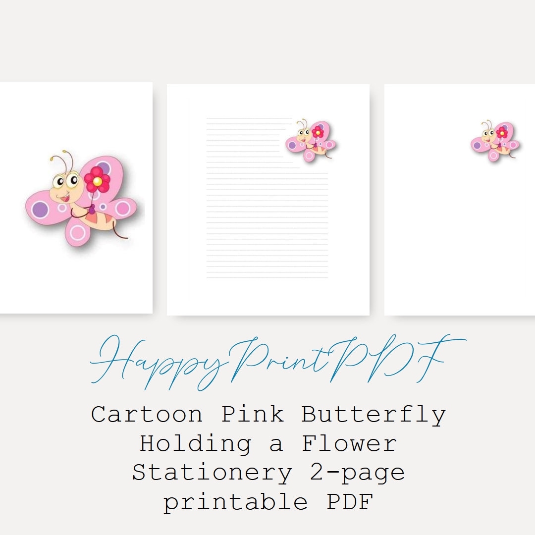 Cartoon Pink Butterfly Holding Flower Stationery 2-page Printable ...