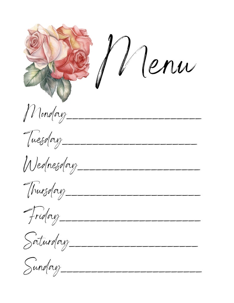 Menu Printable of Roses for a Kitchen, Meal Planning Download, Meal ...