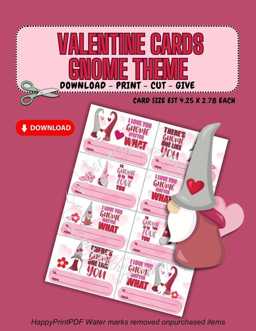 Valentine Cards Gnome Theme, 8 Printable Cards, Kids Valentine Card ...