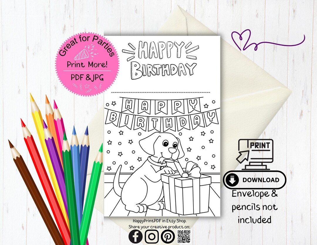 Dog Birthday Card Coloring Page: Printable Party Activity (PDF) - Etsy