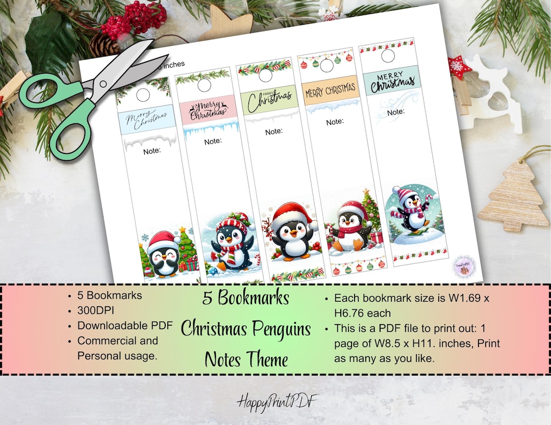 Bookmarks Christmas Penguin Notes Theme, 5 Bookmarks to Print, PDF ...