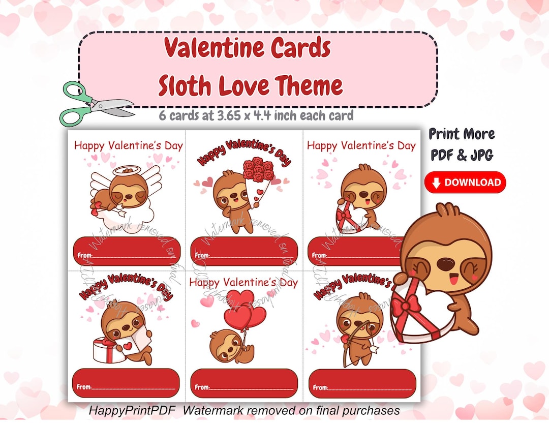 Valentine Cards Sloth Love Theme, Happy Valentines, Download Digital ...