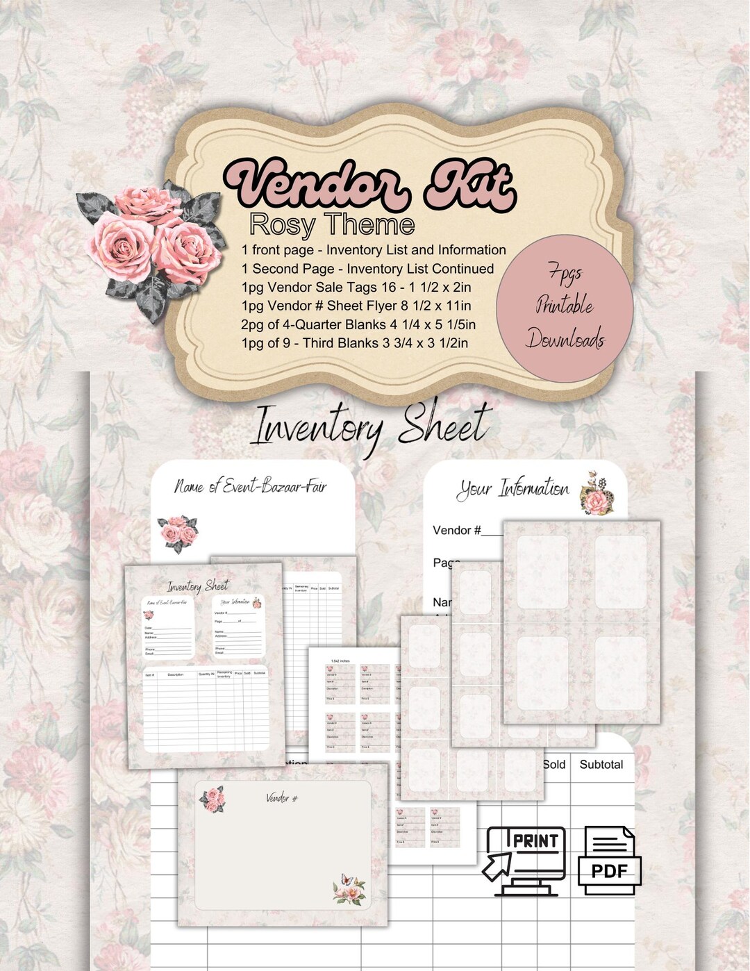 Rosy Theme-vendor Kit-printable Price Tags-inventory List-7 Pages of ...