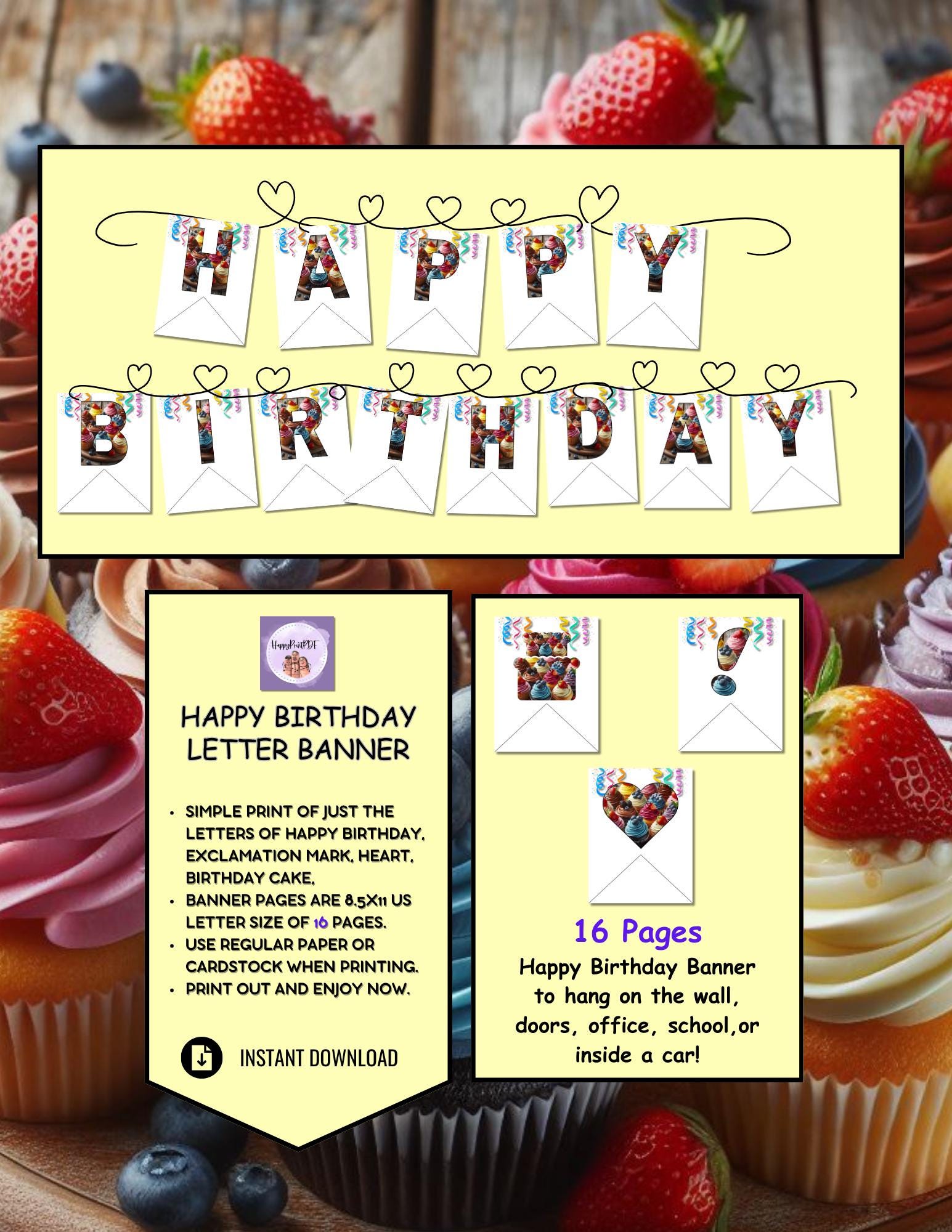 Birthday Banner-cupcake Theme-party Decor-pdf Download Printable ...