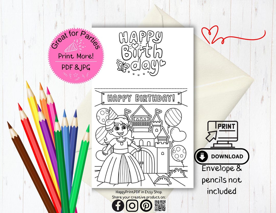 Princess Birthday Card-coloring Page Printable-pdf and JPG Download - Etsy