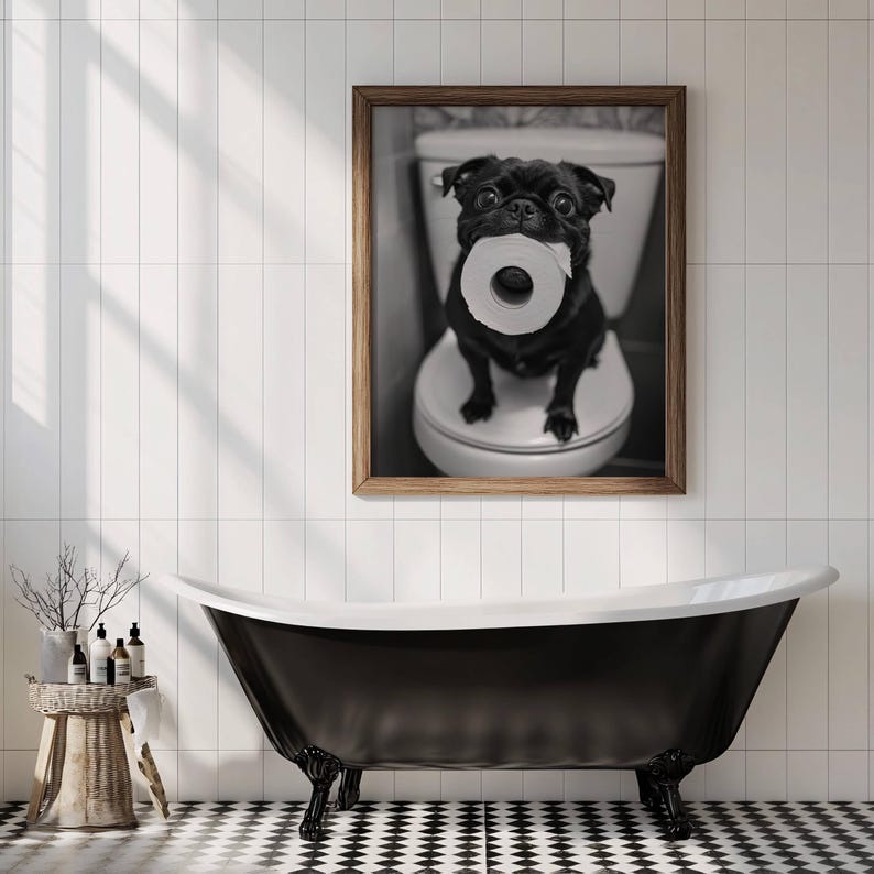 Black Pug and Toilet Paper Roll Art Print Cute Pug Bathroom Art Dog ...