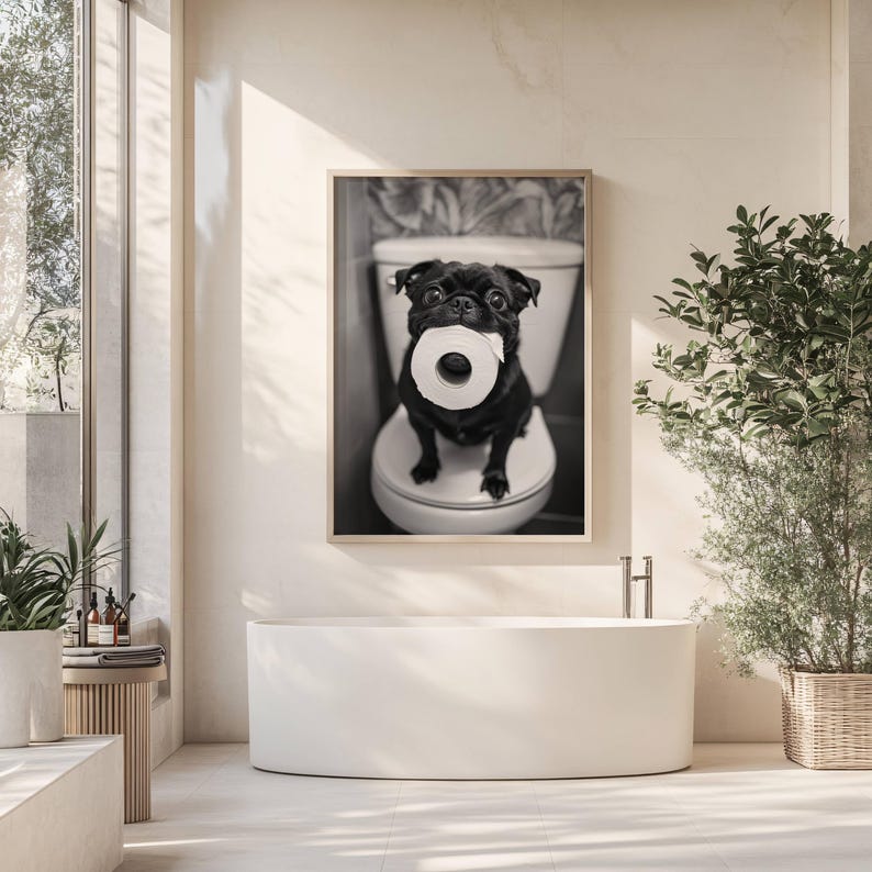 Black Pug and Toilet Paper Roll Art Print Cute Pug Bathroom Art Dog ...