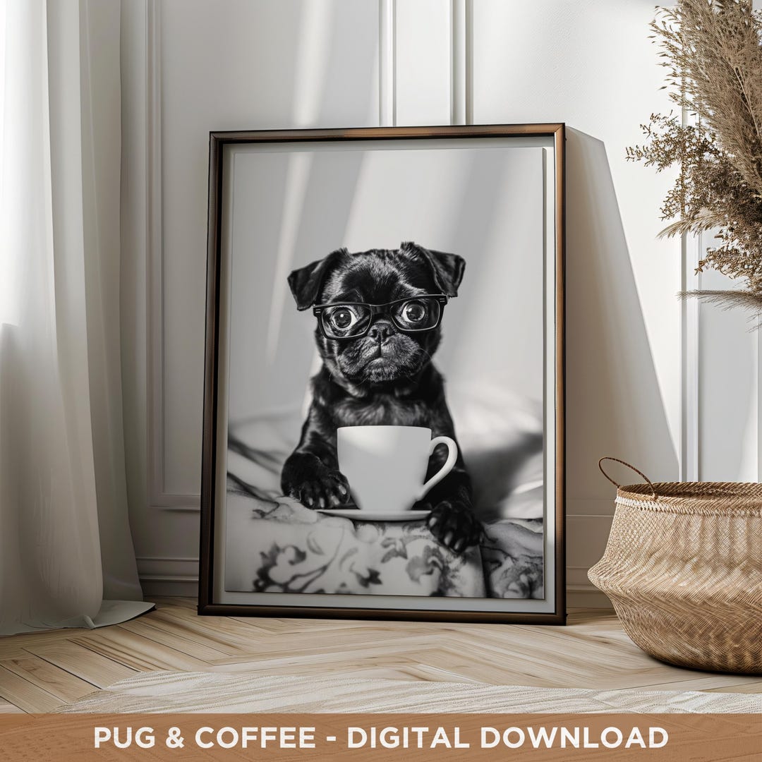 Black Pug & Coffee Art Print Cute Pug Drinking Coffee Poster Dog Lover ...