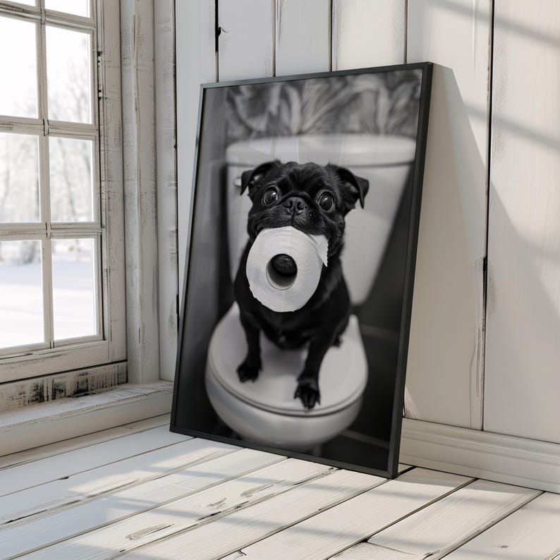 Black Pug and Toilet Paper Roll Art Print Cute Pug Bathroom Art Dog ...