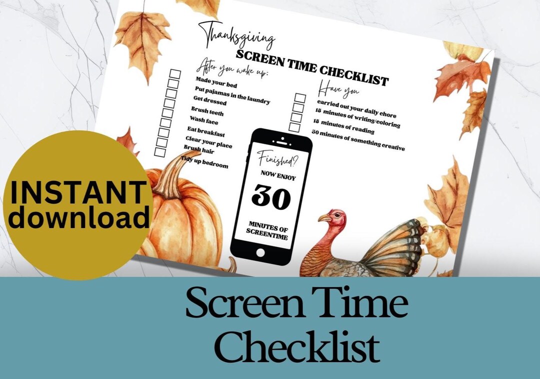 Thanksgiving Screen Time Checklist for Kids Editable Chore Chart Daily ...