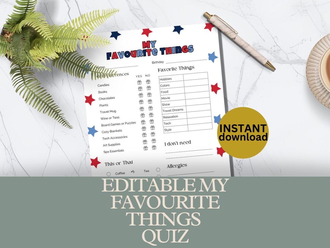Editable My Favourite Things Questionnaire Printable Gift Survey Fun ...