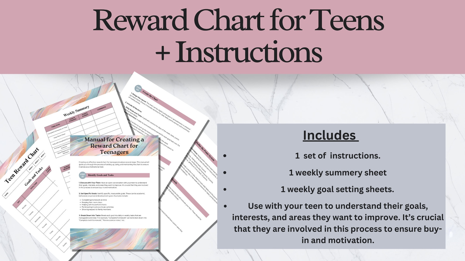 Editable Teens Reward Chart Chore Digital Download Reward Chart for Teens Simple Teens Goals and ...
