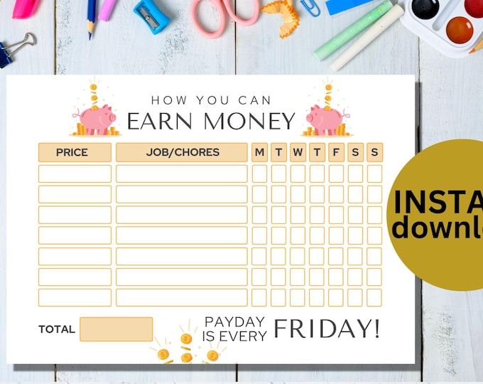 Editable Kids Money Chart Kids Pocket Money Chart Chore Chart Girls ...