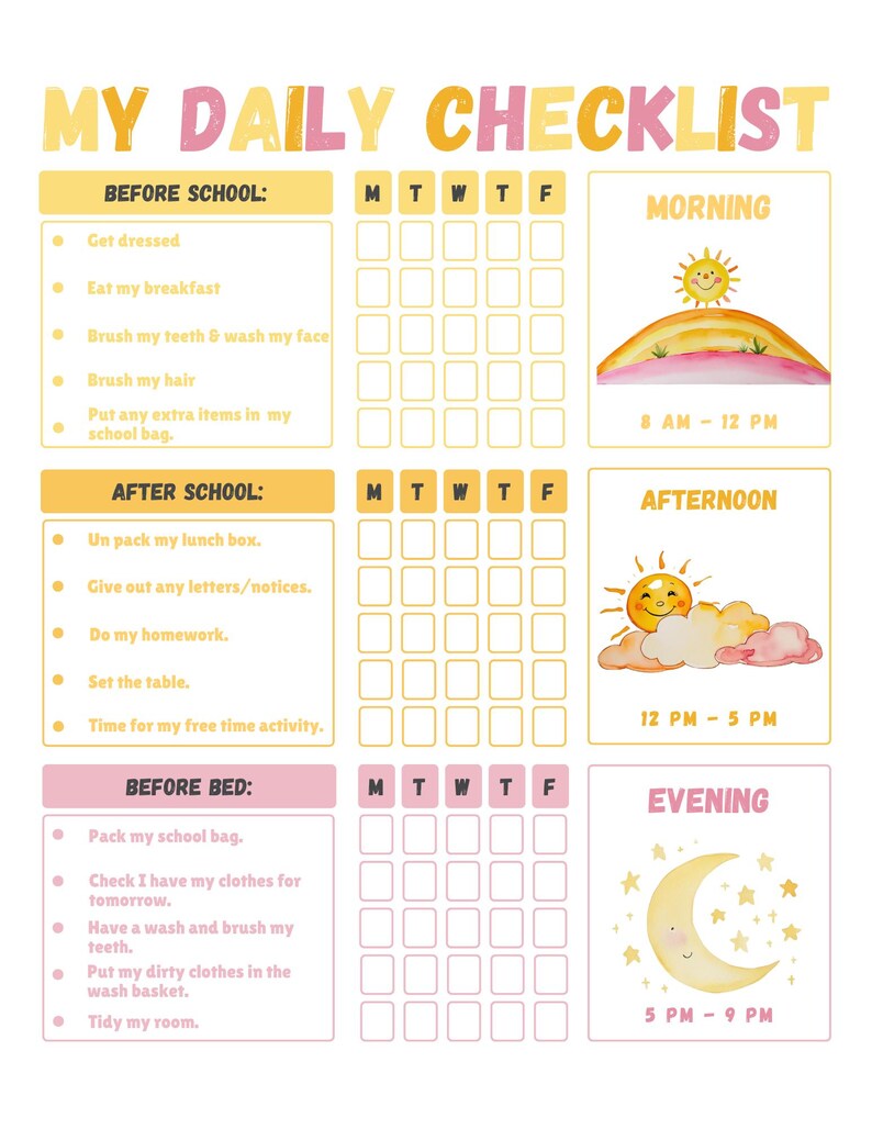 Editable Kid Daily School Checklist Responsibility Chart Customizable ...