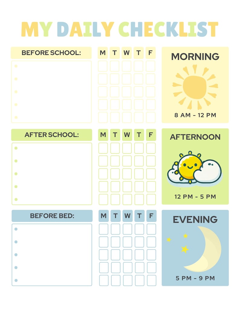 Editable Kids Daily Schedule Checklist Printable Routine Chart for ...