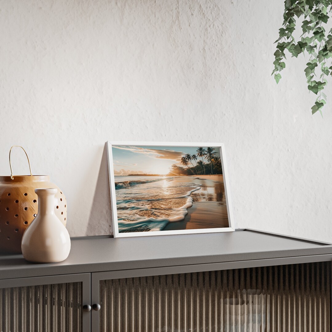 Beach Sunrise, Wall Art, Beach Poster With Wooden Frame,, Palm Trees at ...