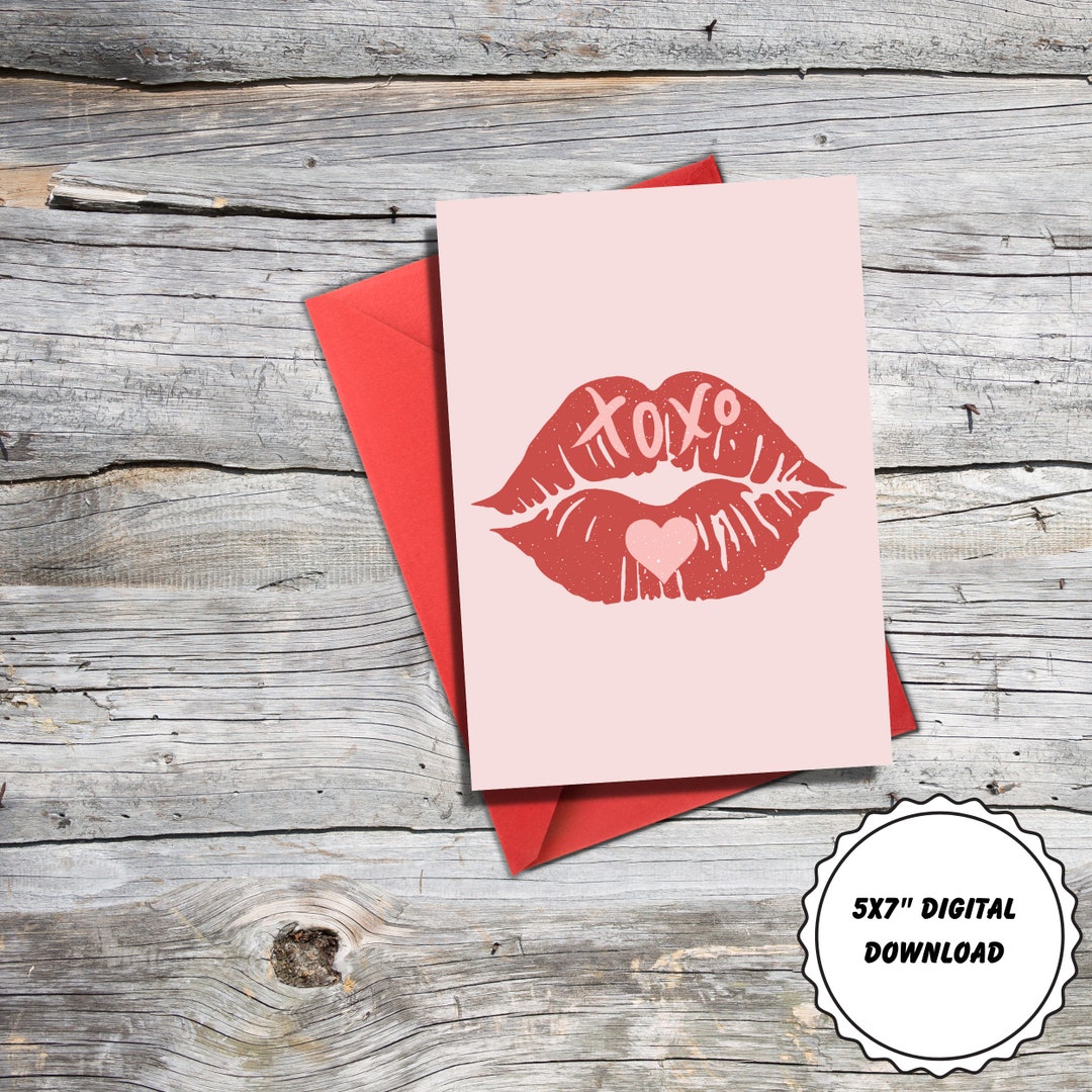 Kiss, Valentines Day Card, Kissing Lips Card, Instant Download, Kissing ...