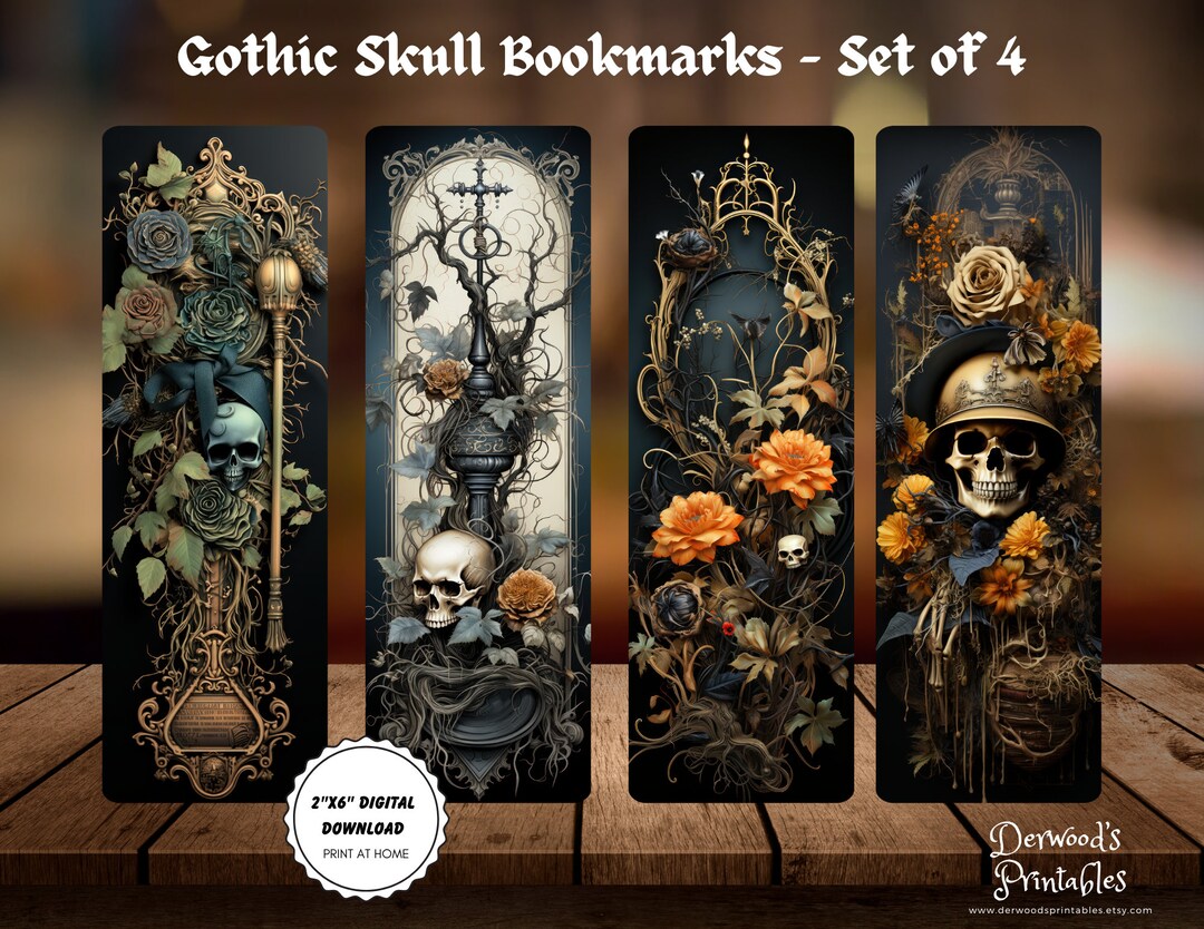 Gothic Skulls Bookmark, Set of 4 Bookmarks, Instant Download, Halloween ...