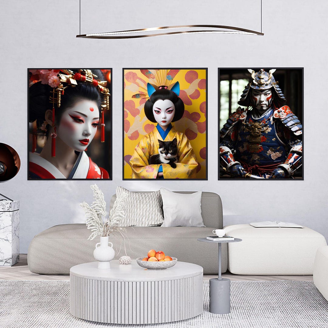 Japanese Art Print Trio, Geisha Kabuki Samurai Artworks, Vintage Ukiyo ...