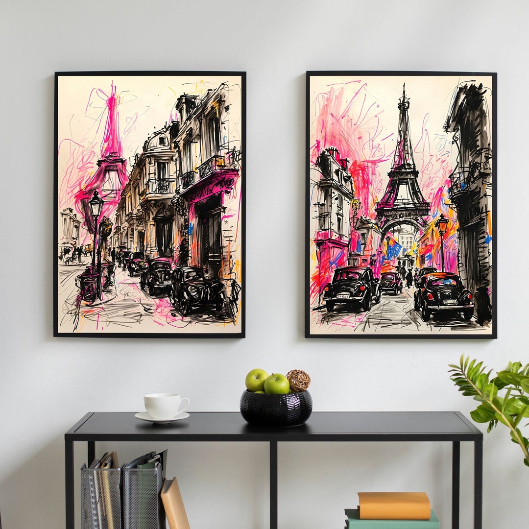 Pink Paris Street Scene Sketch, Set of Two, Eiffel Tower Drawing ...