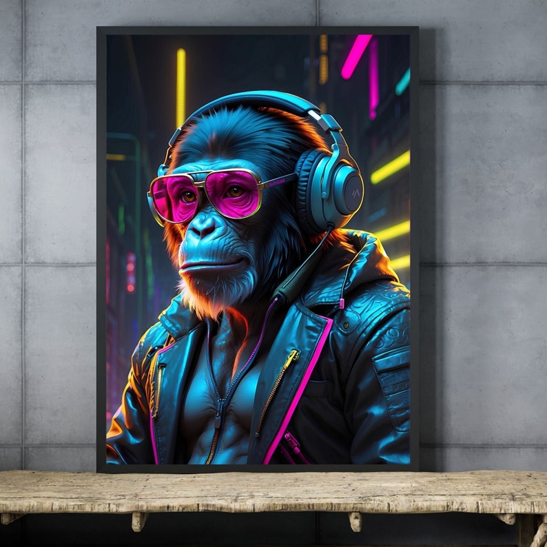 Retro Chimp Art Print, Neon Futuristic Cyber Poster, Funky Monkey ...
