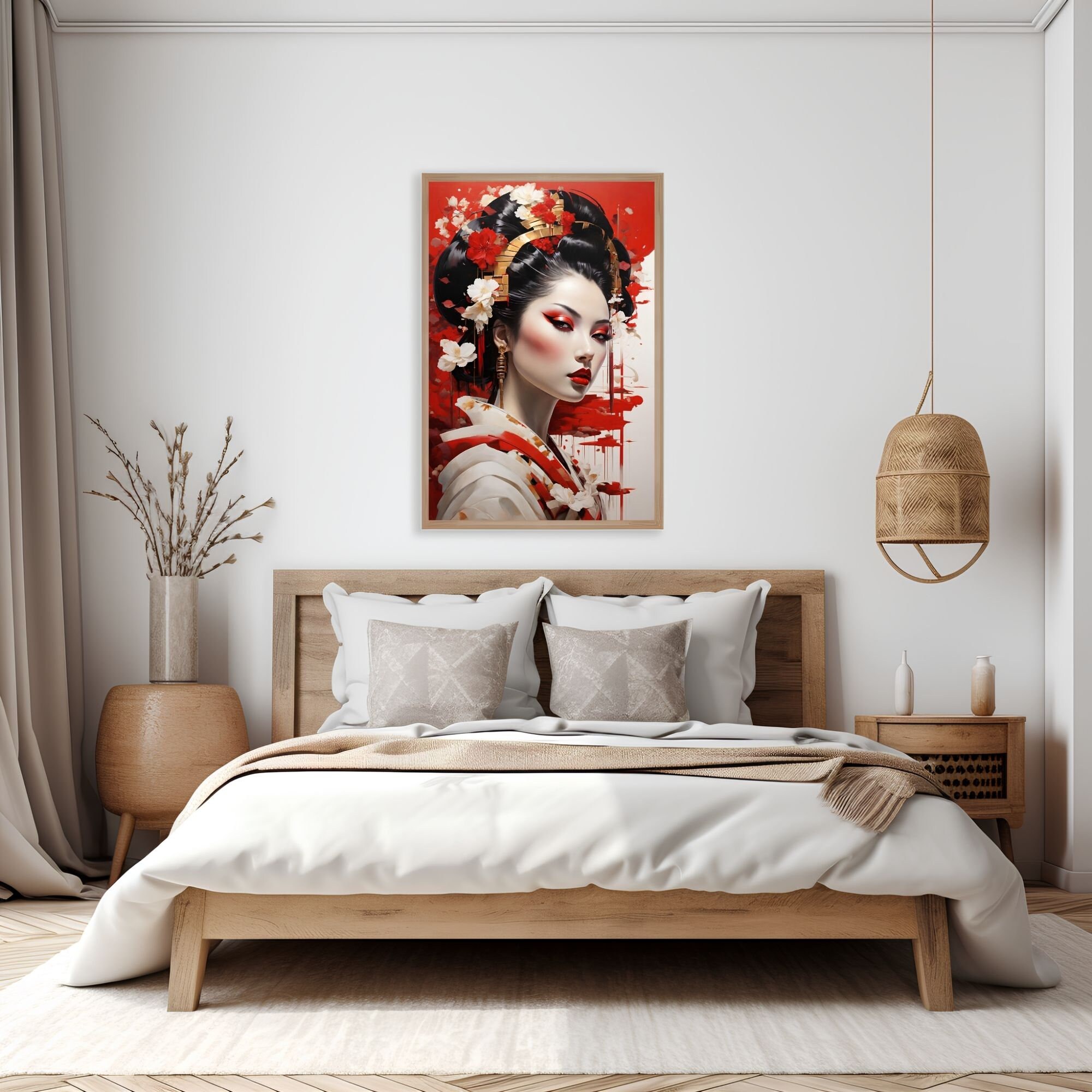 Japanese Geisha Art Print, Abstract Feminine Artwork, Modern Aesthetic Red Painting, Female ...