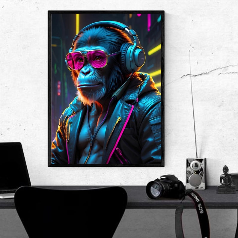 Retro Chimp Art Print, Neon Futuristic Cyber Poster, Funky Monkey ...
