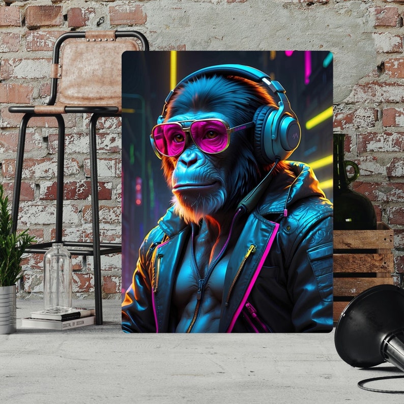 Retro Chimp Art Print, Neon Futuristic Cyber Poster, Funky Monkey ...