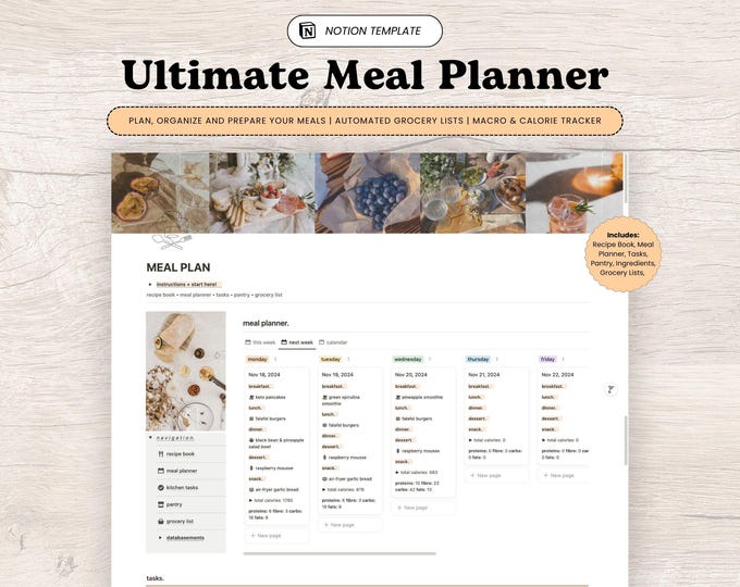 All-in-one Notion Meal Planner | Notion Template, Food Journal, Grocery ...