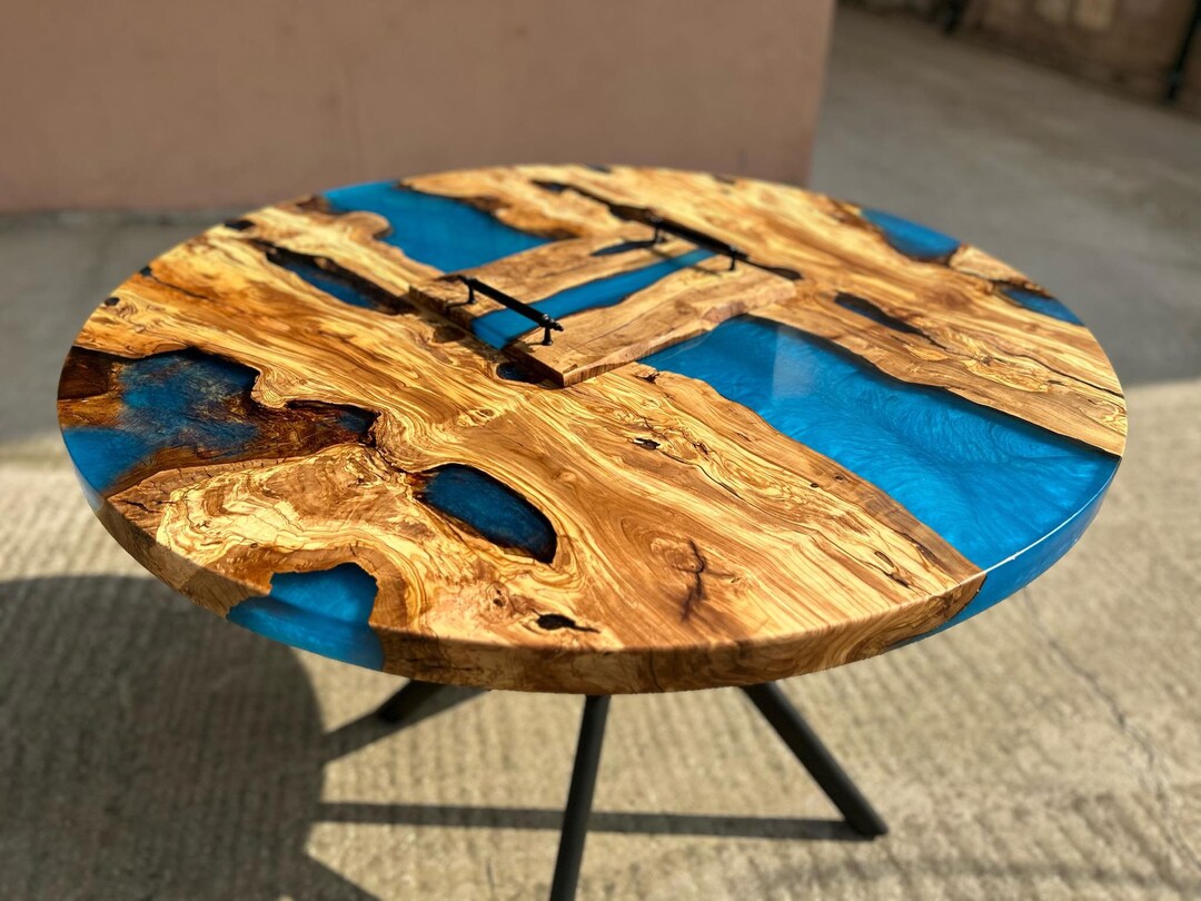 Custom Live Edge Round Table, Round Olive Wood, Blue Epoxy Dining Table ...
