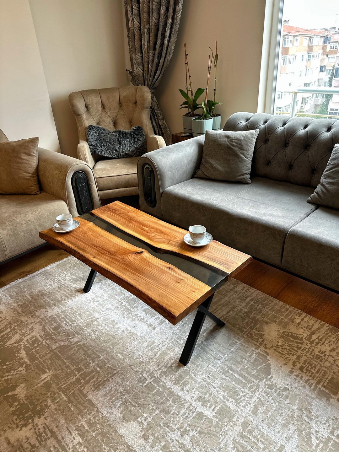Walnut Wood Coffee Table, Unique Wooden Coffee Table, Side and Middle ...