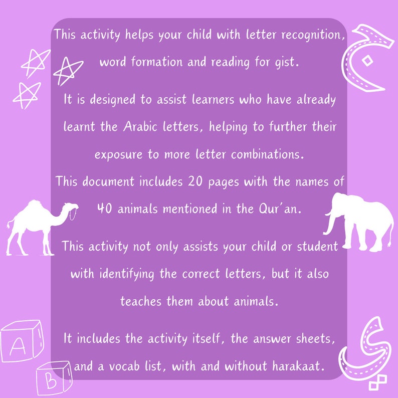 Wordsearch Animals in the Qur'an-easy Arabic Activity for Kids ...