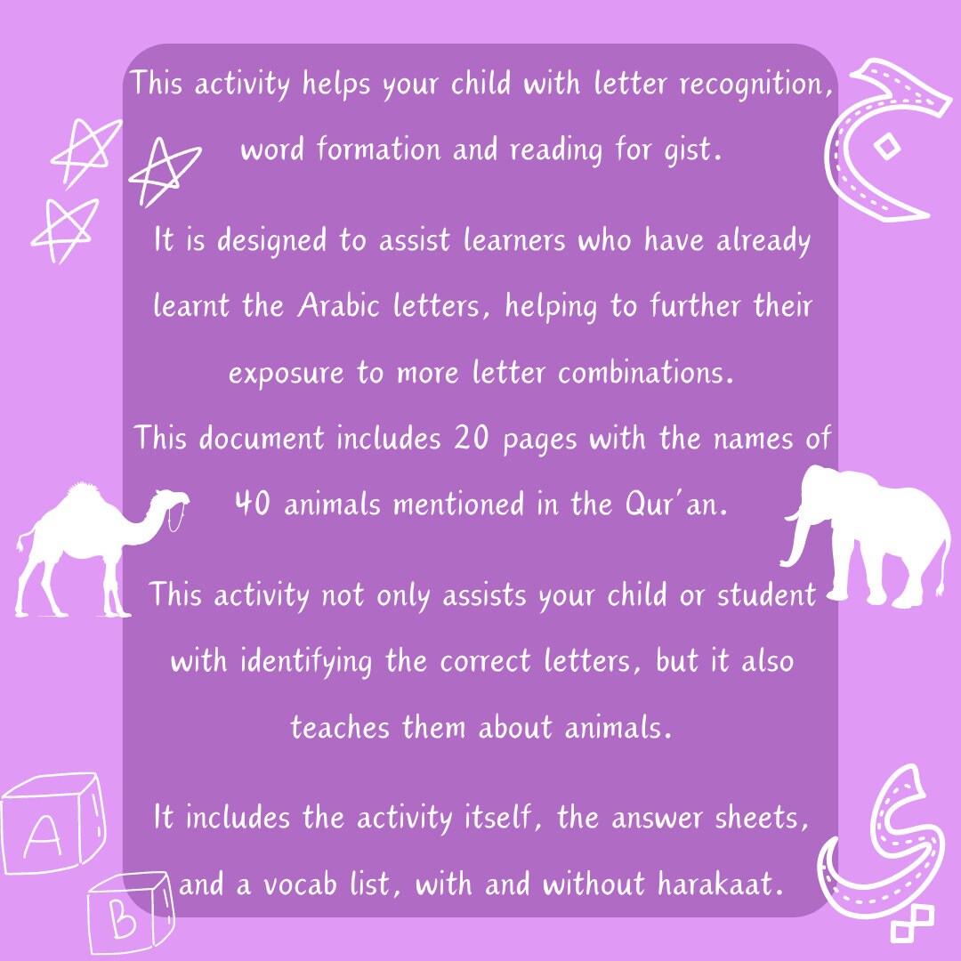 Wordsearch Animals in the Qur'an-easy Arabic Activity for Kids ...