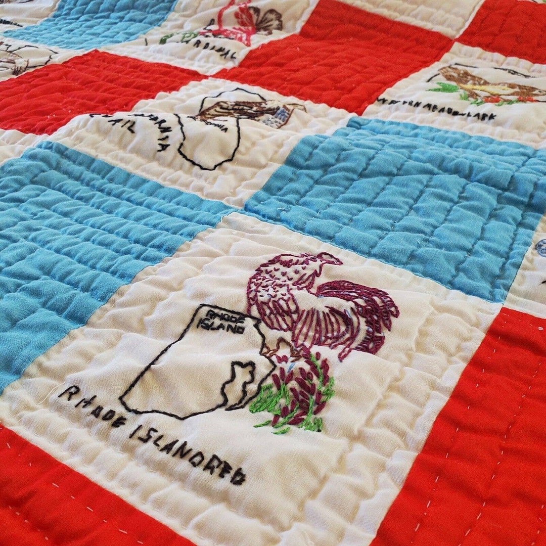 Vtg Hand Stitched Embroidered 50 State Birds W/ Names Patchwork Quilt ...