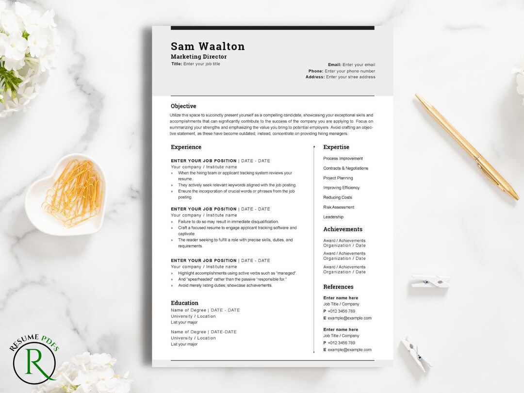 Two Column Resume Template for MS Word & Adobe Indesign Professional CV ...