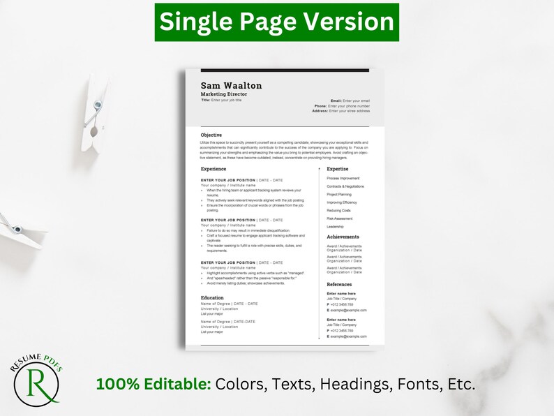 Two Column Resume Template for MS Word & Adobe Indesign Professional CV ...