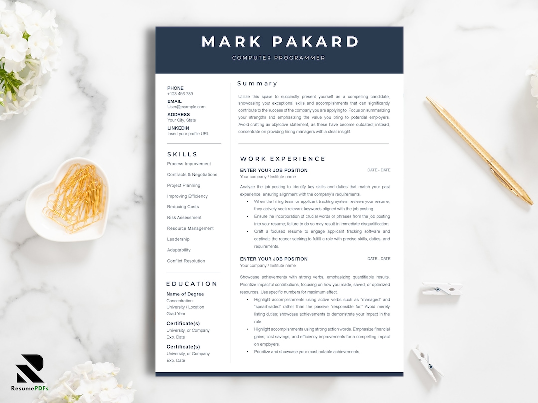 Executive Resume Template for MS Word & Adobe Indesign One - Etsy UK