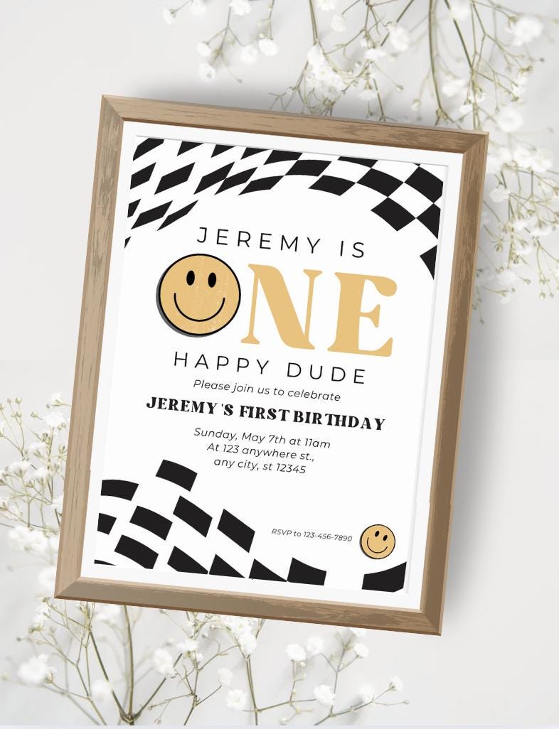 One Happy Dude Smiley Face First Birthday Invitation Digital - Etsy