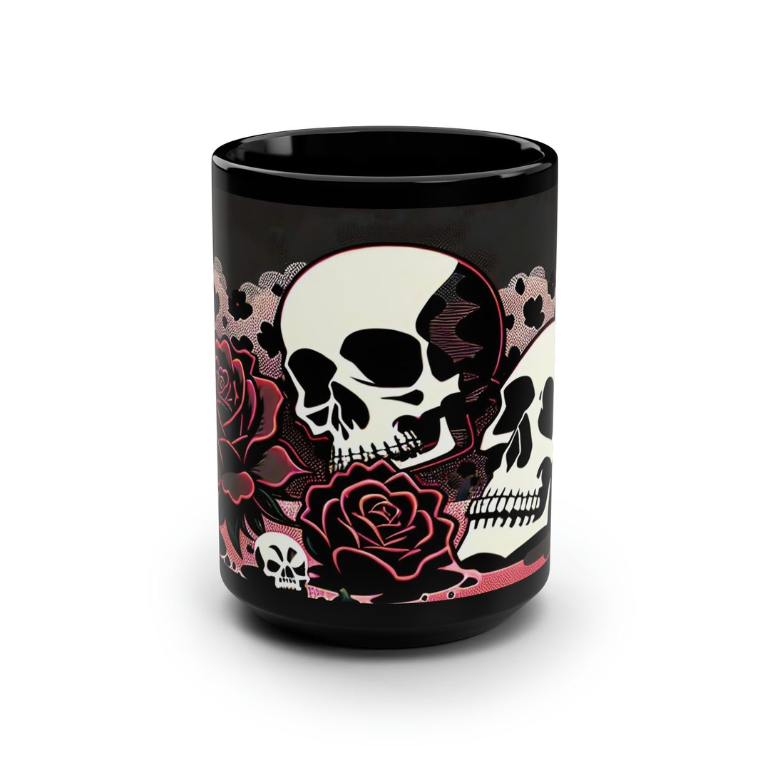 Skull With Black and Red Roses Wrap-around Design on White Ceramic Mug ...