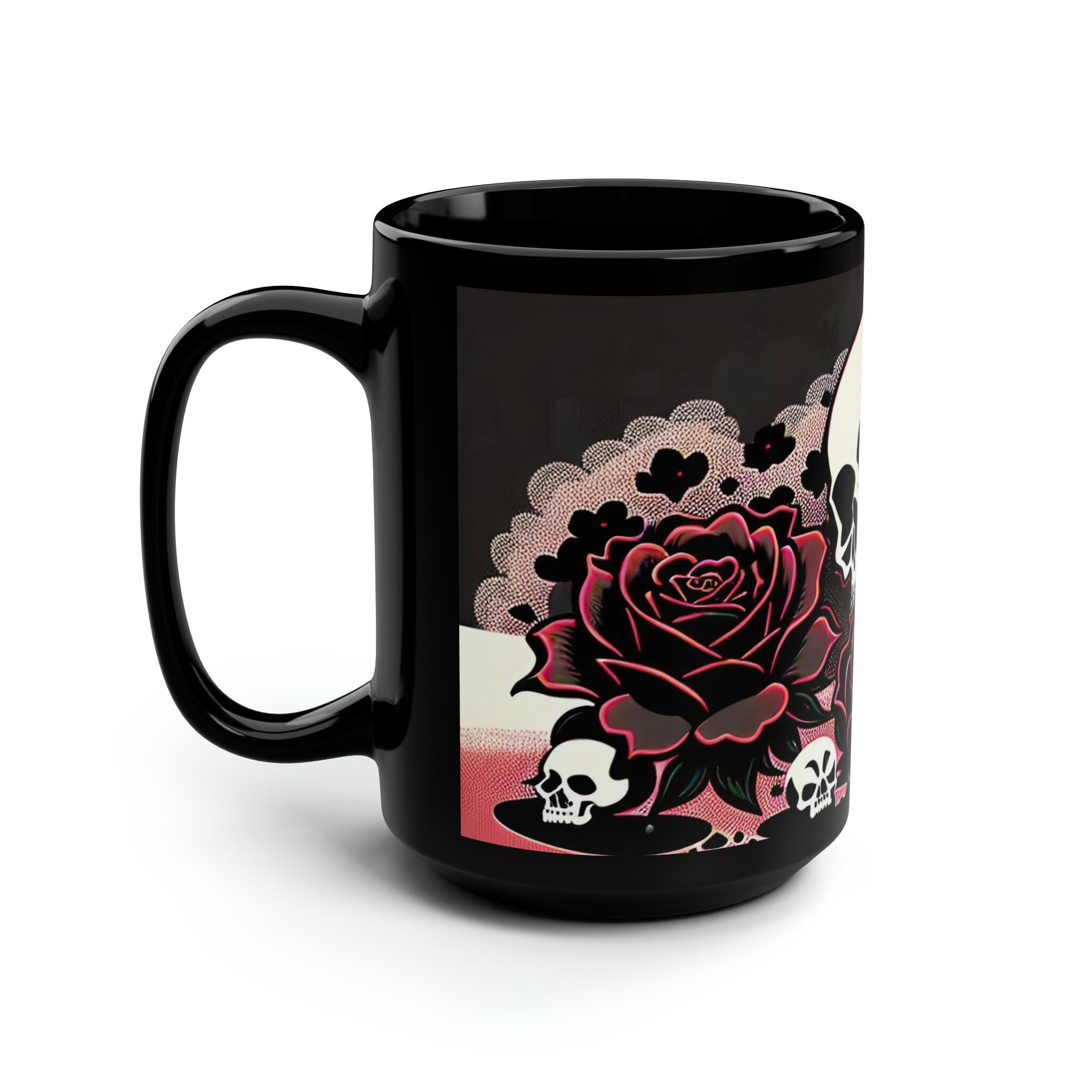 Skull With Black and Red Roses Wrap-around Design on White Ceramic Mug ...