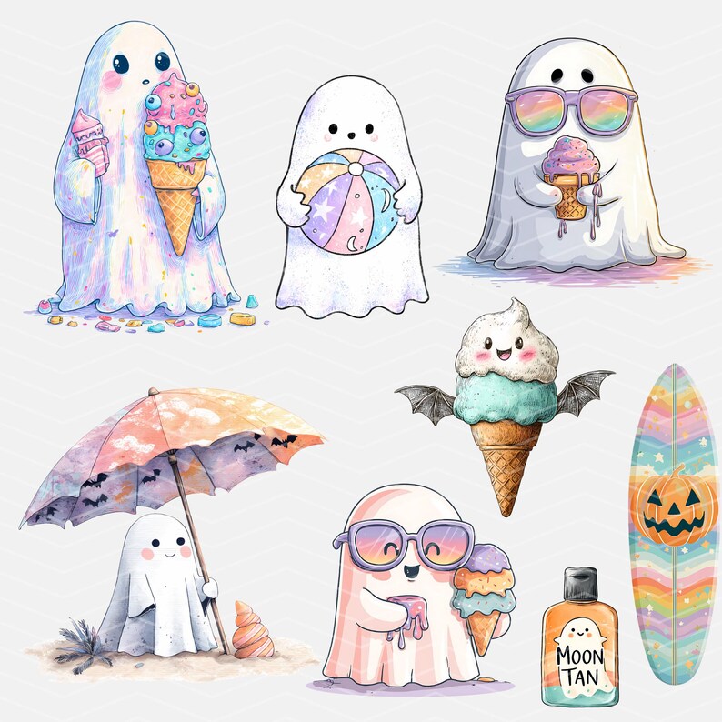 Summerween Ghost Clipart – Cute Spooky Beach Pngs, Halloween in July ...