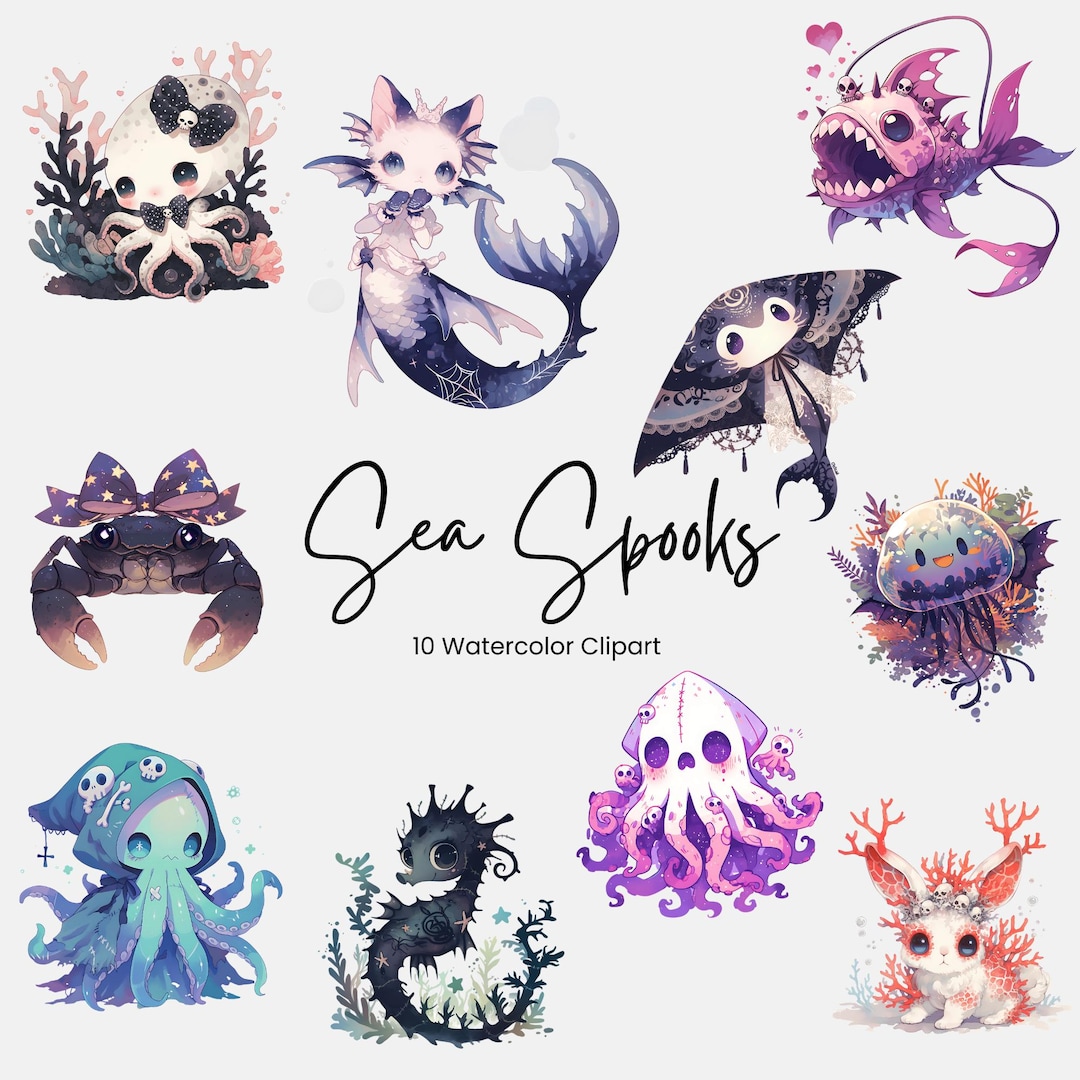 Gothic Ocean Creatures Clipart, Dark Art Digital Download, Summerween ...